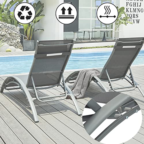 Tappio 2Pcs Chaise Lounge Chair Set, Patio Lounge Chairs for Outside Pool, Patio Chair with Adjustable Backrest for Outside in Swimming Pool, Beach Chaise Lounge Outdoor Recliner with Arm, Grey