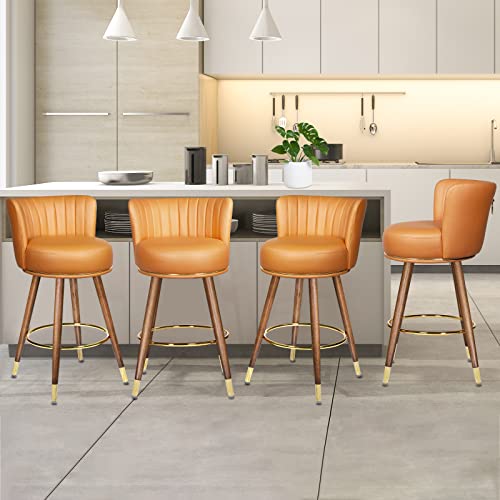 SeekFancy 27" Swivel Bar Stools Set of 4, Counter Height Bar Stools with Back, 360° Swivel Bar Chairs with Wood Legs and Footrest, Upholstered Orange Bar Stool for Kitchens Island, Rustic Bar, 300lbs