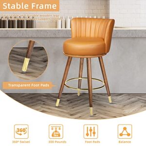 SeekFancy 27" Swivel Bar Stools Set of 4, Counter Height Bar Stools with Back, 360° Swivel Bar Chairs with Wood Legs and Footrest, Upholstered Orange Bar Stool for Kitchens Island, Rustic Bar, 300lbs