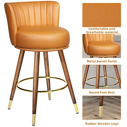 SeekFancy 27" Swivel Bar Stools Set of 4, Counter Height Bar Stools with Back, 360° Swivel Bar Chairs with Wood Legs and Footrest, Upholstered Orange Bar Stool for Kitchens Island, Rustic Bar, 300lbs