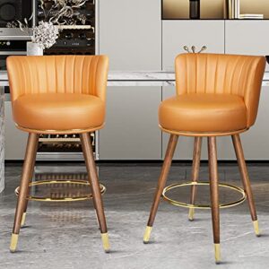 SeekFancy 27" Swivel Bar Stools Set of 4, Counter Height Bar Stools with Back, 360° Swivel Bar Chairs with Wood Legs and Footrest, Upholstered Orange Bar Stool for Kitchens Island, Rustic Bar, 300lbs