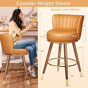 SeekFancy 27" Swivel Bar Stools Set of 4, Counter Height Bar Stools with Back, 360° Swivel Bar Chairs with Wood Legs and Footrest, Upholstered Orange Bar Stool for Kitchens Island, Rustic Bar, 300lbs