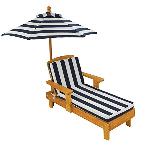 KidKraft Outdoor Wooden Chaise Lounge, Backyard Furniture Chair, Navy and White Striped Fabric & Wooden Adirondack Children's Outdoor Chair