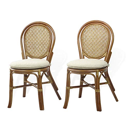 Set of 2 Denver Dining Handmade Wicker Side Chairs with Cream Cushions Natural Rattan, Colonial