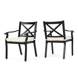 christopher knight home exuma outdoor cast aluminum dining chairs with water resistant cushions, 2-pcs set, black / ivory