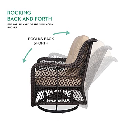 VIVIJASON 3-Piece Patio Wicker Conversation Bistro Set Cushioned, Outdoor Glider Swivel Rocking Chairs Rattan Furniture Sets with Thickened Cushion and Glass-Top Coffee Table, Beige Cushion