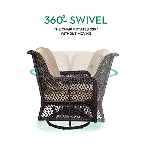 VIVIJASON 3-Piece Patio Wicker Conversation Bistro Set Cushioned, Outdoor Glider Swivel Rocking Chairs Rattan Furniture Sets with Thickened Cushion and Glass-Top Coffee Table, Beige Cushion