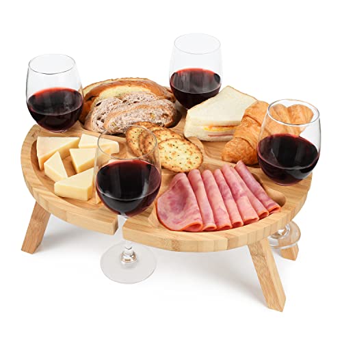 Tirrinia Portable Picnic Table with 4 Wine Glasses Holder, Functional Bamboo Snack Tray Table -Foldable for Party, Picnic, Camping, Beach (15.7" x 12.5")