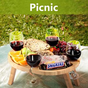 Tirrinia Portable Picnic Table with 4 Wine Glasses Holder, Functional Bamboo Snack Tray Table -Foldable for Party, Picnic, Camping, Beach (15.7" x 12.5")