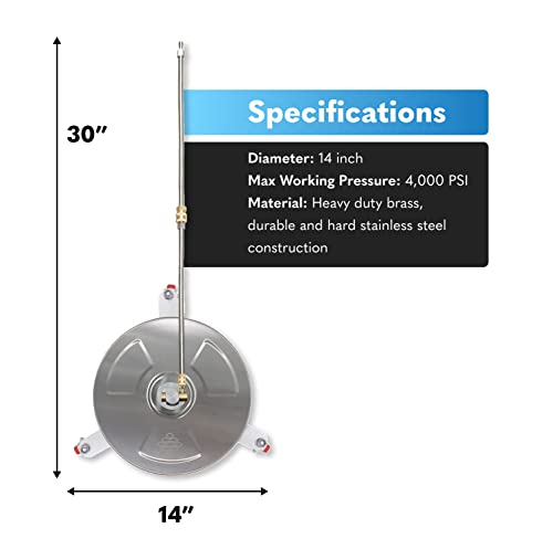 EDOU Direct Pressure Washer Surface Cleaner 14" with Wheels | Stainless Steel | Heavy Duty | 4,000 PSI Max Working Pressure | Includes: 2 Pressure Washer Extension Wand Attachments