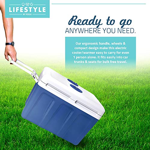 Lifestyle by Focus Electric Travel Cooler/Warmer Portable Camping Cooler Hard Cooler Ice Chest Roller Wheeled Cooler for Car, Home, Beach, Fishing, Camping, Party (Blue) Large 48 Quart, Holds 60 cans