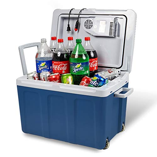 Lifestyle by Focus Electric Travel Cooler/Warmer Portable Camping Cooler Hard Cooler Ice Chest Roller Wheeled Cooler for Car, Home, Beach, Fishing, Camping, Party (Blue) Large 48 Quart, Holds 60 cans