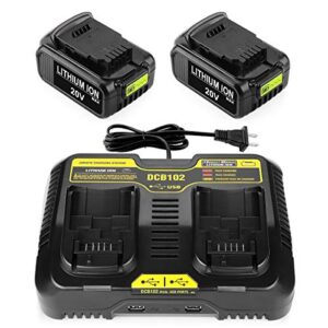 powilling 2pack 5.0ah replacement for dewalt 20v max xr battery + dcb102 charger dcb107 dcb105 dcb101 dcb115 for 20v battery dcb204 dcb206 dcb180 dcd985b dcb200 dcd/dcf/dcg 20v battery