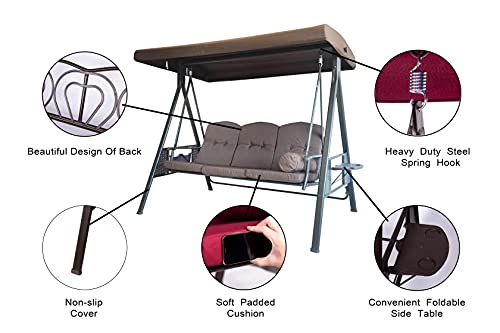 Luckberry 3-Seat Outdoor Large Canopy Swing Glider, Porch Patio Hammock Lounge Chair, Backyard,Garden Adjustable Shade, Removable Cushions - Brown