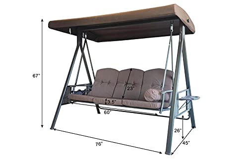 Luckberry 3-Seat Outdoor Large Canopy Swing Glider, Porch Patio Hammock Lounge Chair, Backyard,Garden Adjustable Shade, Removable Cushions - Brown