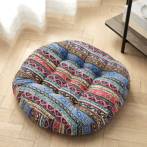 Getmo Resin Meditation Floor Pillow,Large Round Boho Floor Cushion, Mandala Bohemian Floor Pillows Cushion Seating for Yoga Living Room Balcony Office Outdoor Tatami,22x22 Inch,Stripped Blue