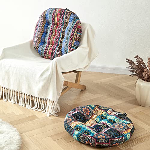 Getmo Resin Meditation Floor Pillow,Large Round Boho Floor Cushion, Mandala Bohemian Floor Pillows Cushion Seating for Yoga Living Room Balcony Office Outdoor Tatami,22x22 Inch,Stripped Blue