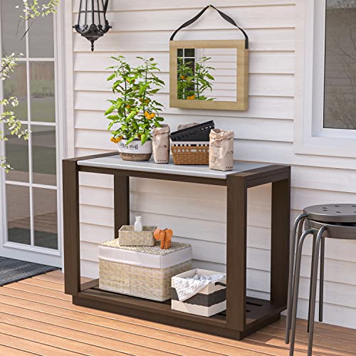 COSIEST Outdoor Bar Table, MgO Patio Pub Height Dining Table with Pinewood Legs, Rectangular Console Table for Garden Backyard Poolside, Dark Brown