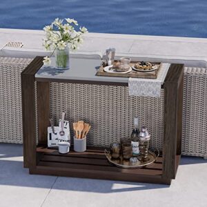 COSIEST Outdoor Bar Table, MgO Patio Pub Height Dining Table with Pinewood Legs, Rectangular Console Table for Garden Backyard Poolside, Dark Brown