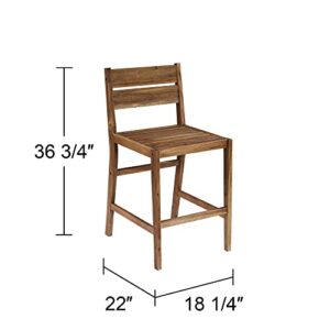 Teal Island Designs Nova Natural Acacia Wood Outdoor Bar Stools Set of 2 Brown 24" High Farmhouse Rustic Plank Seat with Ladder Backrest Footrest for Kitchen Counter Island Patio Garden Balcony