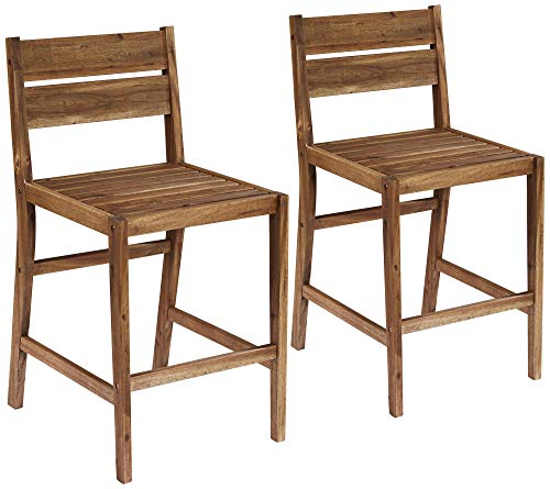 Teal Island Designs Nova Natural Acacia Wood Outdoor Bar Stools Set of 2 Brown 24" High Farmhouse Rustic Plank Seat with Ladder Backrest Footrest for Kitchen Counter Island Patio Garden Balcony