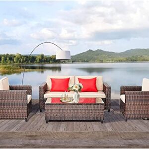 SUNCROWN 4-Piece Outdoor Patio Wicker Furniture Sofa Set, Sectional Conversation Set with Cushions & Tempered Glass Table