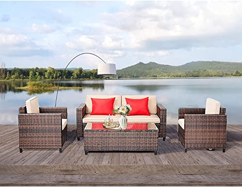 SUNCROWN 4-Piece Outdoor Patio Wicker Furniture Sofa Set, Sectional Conversation Set with Cushions & Tempered Glass Table