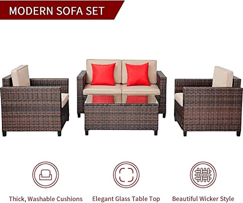 SUNCROWN 4-Piece Outdoor Patio Wicker Furniture Sofa Set, Sectional Conversation Set with Cushions & Tempered Glass Table