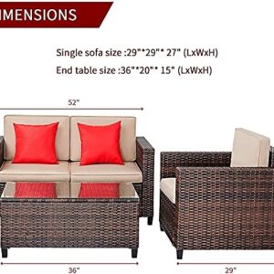 SUNCROWN 4-Piece Outdoor Patio Wicker Furniture Sofa Set, Sectional Conversation Set with Cushions & Tempered Glass Table