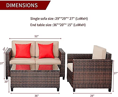 SUNCROWN 4-Piece Outdoor Patio Wicker Furniture Sofa Set, Sectional Conversation Set with Cushions & Tempered Glass Table