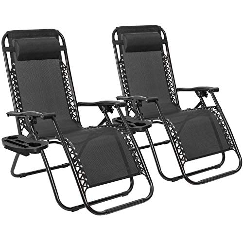 Furmax Zero Gravity Chair Patio Lounge Chair Portable Outdoor Folding Chair Adjustable Sun Lounger Reliner Chair for Backyard Deck Poolside Beach with Pillow and Cup Holder Tray Set of 2 (Black)