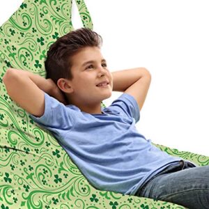 lunarable shamrock lounger chair bag, swirls and leaves pattern classical st patrick’s day arrangement, high capacity storage with handle container, lounger size, pale green emerald green