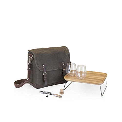 LEGACY - a Picnic Time Brand Adventure Wine Tote Glasses and Mini Table, 2 Bottle Picnic Bag, (Khaki Green with Brown Accents)