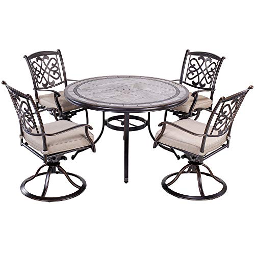 dali 5 Piece Patio Dining Set Outdoor Furniture, Deep Cushioned Aluminum Swivel Rocker Chair Set with 46 inch Round Mosaic Tile Top Aluminum Table