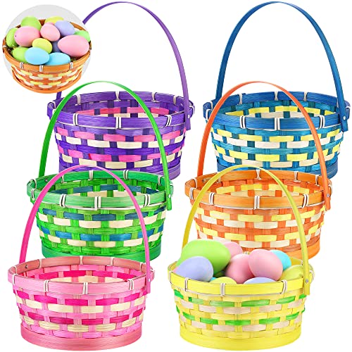 Fovths 6 Pieces Easter Woven Bamboo Basket Round Basket with Handle Easter Eggs Wiker Basket for Party Supplies, Picnic, Home Decor