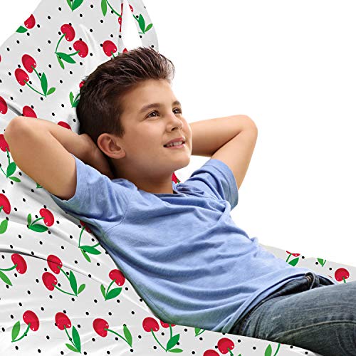 Lunarable Fruit Lounger Chair Bag, Botanical Ripe Cherry Branches on Polka Dots Farming Delicious Gardening, High Capacity Storage with Handle Container, Lounger Size, Green Red and Black