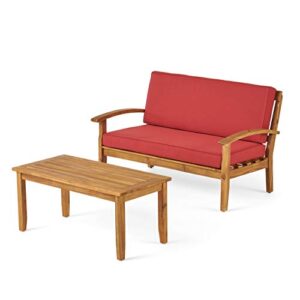 christopher knight home peyton outdoor acacia wood loveseat and coffee table set with water resistant cushions, teak finish / red