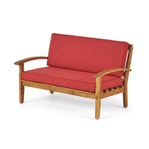 Christopher Knight Home Peyton Outdoor Acacia Wood Loveseat and Coffee Table Set with Water Resistant Cushions, Teak Finish / Red