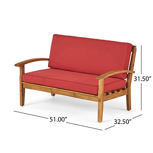 Christopher Knight Home Peyton Outdoor Acacia Wood Loveseat and Coffee Table Set with Water Resistant Cushions, Teak Finish / Red