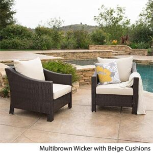 Christopher Knight Home Antibes Outdoor Wicker Club Chairs with Water Resistant Fabric Cushions, 2-Pcs Set, Multibrown / Beige