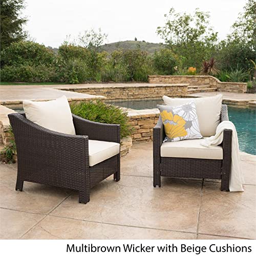 Christopher Knight Home Antibes Outdoor Wicker Club Chairs with Water Resistant Fabric Cushions, 2-Pcs Set, Multibrown / Beige