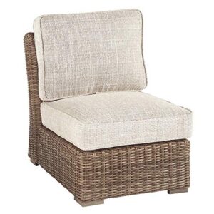 signature design by ashley beachcroft patio farmhouse outdoor wicker cushioned armless chair, beige