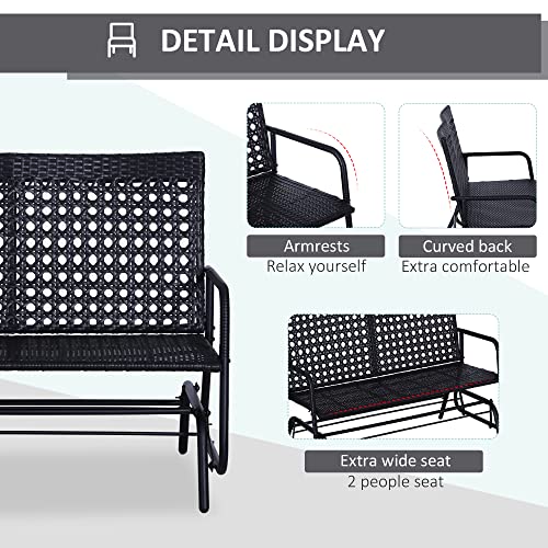 Outsunny Patio 2-Person Wicker Glider Bench Rocking Chair, Outdoor All-Hand Woven PE Rattan Loveseat w/Ergonomic Design Rocking System for Patio, Garden, Porch, Lawn, Black