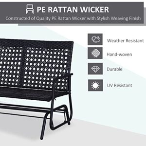 Outsunny Patio 2-Person Wicker Glider Bench Rocking Chair, Outdoor All-Hand Woven PE Rattan Loveseat w/Ergonomic Design Rocking System for Patio, Garden, Porch, Lawn, Black