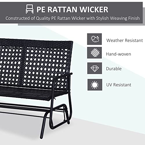 Outsunny Patio 2-Person Wicker Glider Bench Rocking Chair, Outdoor All-Hand Woven PE Rattan Loveseat w/Ergonomic Design Rocking System for Patio, Garden, Porch, Lawn, Black