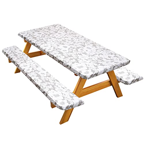 Vinyl Picnic Tablecloths and Bench Covers, Waterproof Wipeable Picnic Table and Bench Seat Covers with Elastic Edges for Outdoor Patio Park, Gray Flower Flannel Backed Lining, 72 Inch 3 Piece Set