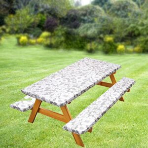 Vinyl Picnic Tablecloths and Bench Covers, Waterproof Wipeable Picnic Table and Bench Seat Covers with Elastic Edges for Outdoor Patio Park, Gray Flower Flannel Backed Lining, 72 Inch 3 Piece Set