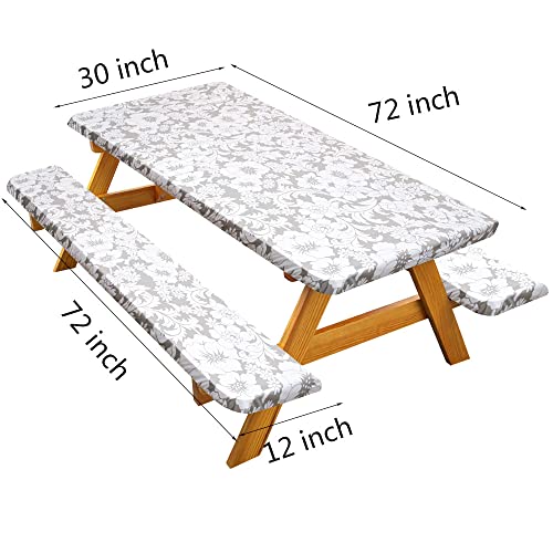 Vinyl Picnic Tablecloths and Bench Covers, Waterproof Wipeable Picnic Table and Bench Seat Covers with Elastic Edges for Outdoor Patio Park, Gray Flower Flannel Backed Lining, 72 Inch 3 Piece Set