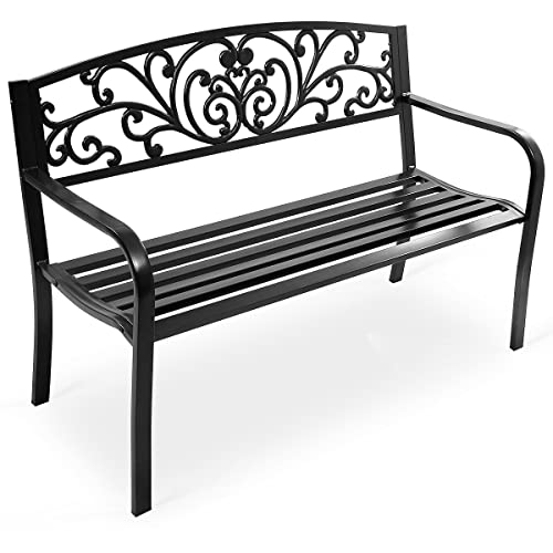 Tangkula Outdoor Steel Garden Bench Park Bench, 50 Inch Patio Park Bench Chair with Heavy-Duty Steel Frame, Outdoor Welcome Bench with Casted Pattern, Ideal for Yard Porch Balcony Garden Park