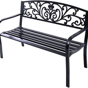 Tangkula Outdoor Steel Garden Bench Park Bench, 50 Inch Patio Park Bench Chair with Heavy-Duty Steel Frame, Outdoor Welcome Bench with Casted Pattern, Ideal for Yard Porch Balcony Garden Park